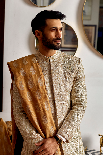 BUY FAWN GOLD LUXURY SHERWANI ONLINE – Republic by Omar Farooq